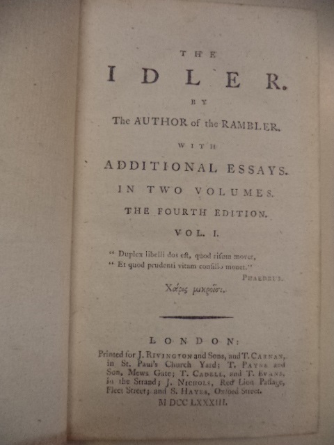 The Idler. By the Author of The Rambler. With Additional Essays. In two ...