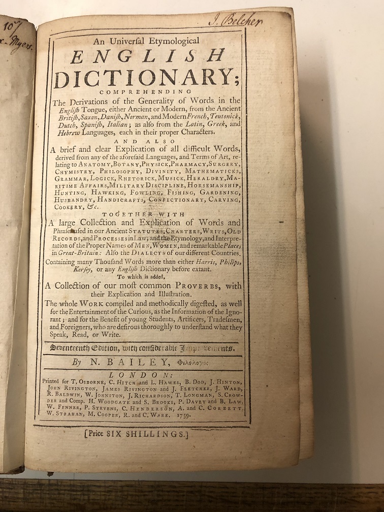 An Universal Etymological English Dictionary [Jonathan Belcher's copy]